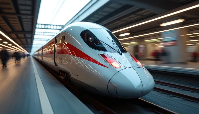 High-speed Train Races Along Tracks at Modern Station. Streamlined ...