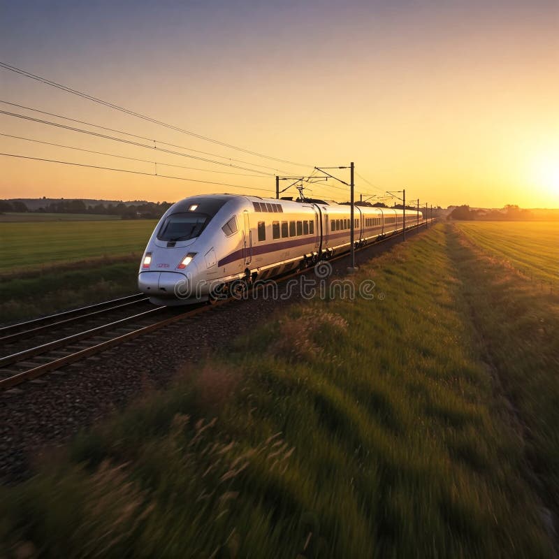 A High-speed Train Races through a Grassy Field at Sunset. Stock Image ...