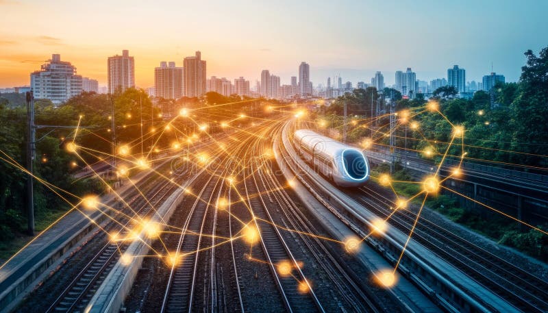 High-Speed Train Races through Smart City at Sunset, Representing ...
