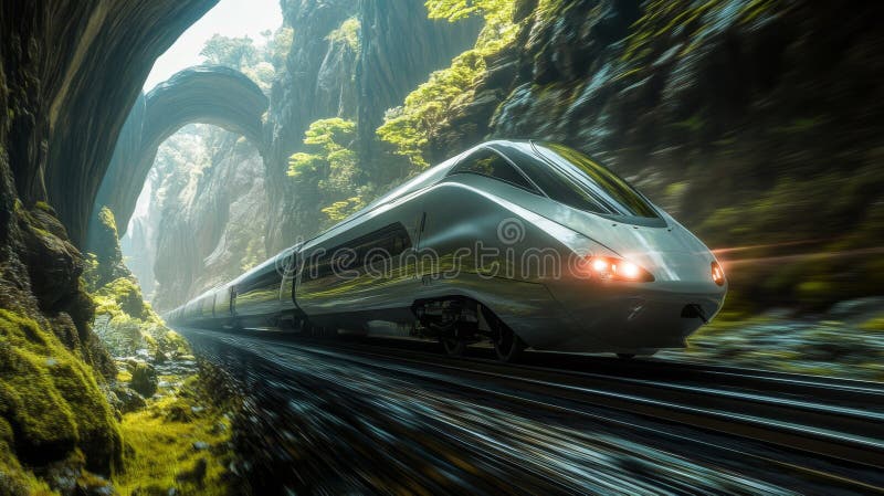 High-Speed Train Racing through a Mountain Gorge Stock Illustration ...