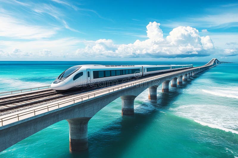 High-speed Train Racing Over an Ocean Bridge Under a Bright Blue Sky ...