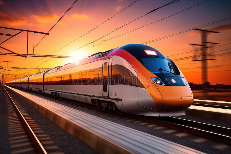 High-speed Train on the Railway at Sunset. Generative AI Stock ...