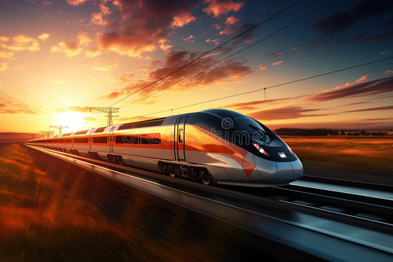 High-speed Train on the Railway at Sunset. Generative AI Stock ...