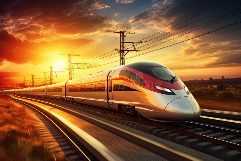 High-speed Train on the Railway at Sunset. Generative AI Stock ...