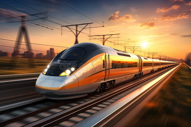 High-speed Train on the Railway at Sunset. Generative AI Stock ...