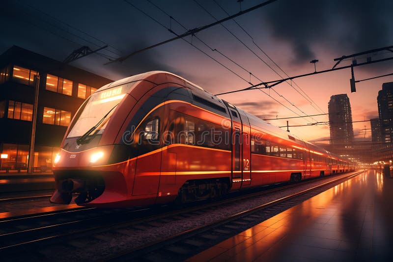 High Speed Train on a Railway at Sunset. 3d Rendering Stock ...