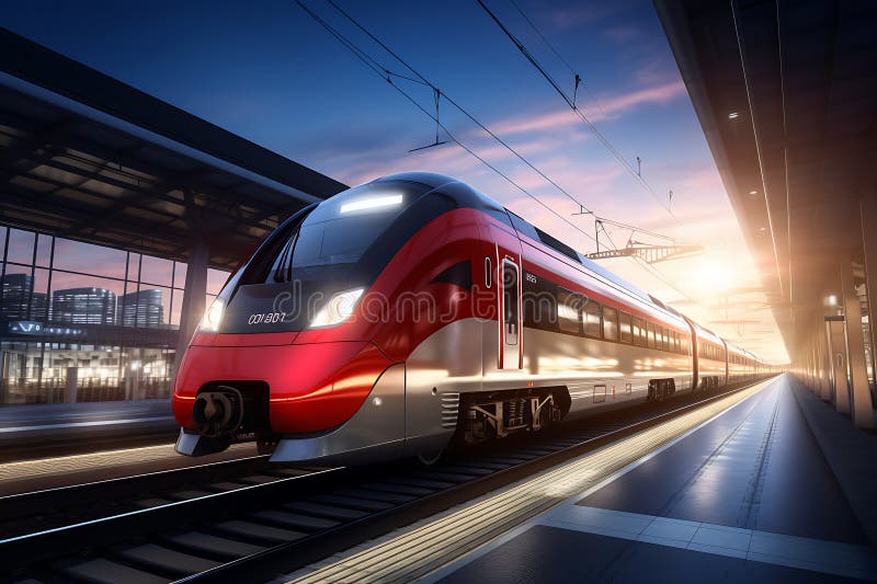 High Speed Train on a Railway at Sunset. 3d Rendering Stock ...