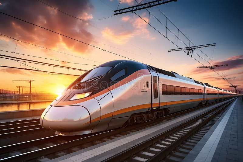 High Speed Train on a Railway at Sunset. 3d Rendering Stock ...
