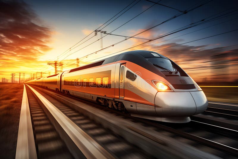 High Speed Train on a Railway at Sunset. 3d Rendering Stock ...