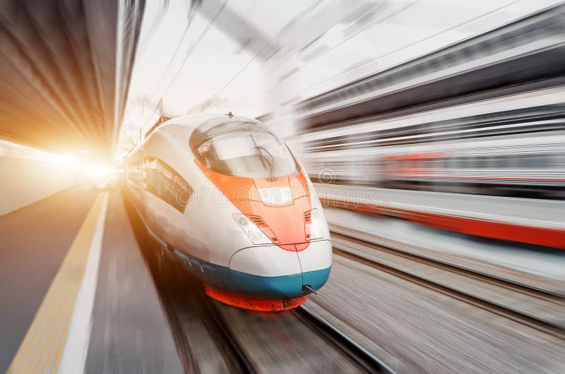 High Speed Train Rides at High Speed at the Railway Station in the City ...