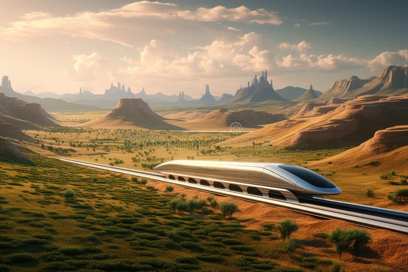 High-speed Train on the Road in the Desert. 3d Render, a Hyperloop Train Speeding through a Vast ...