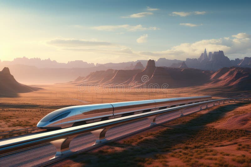 High-speed Train on the Road in the Mountains. 3d Render, a Hyperloop ...