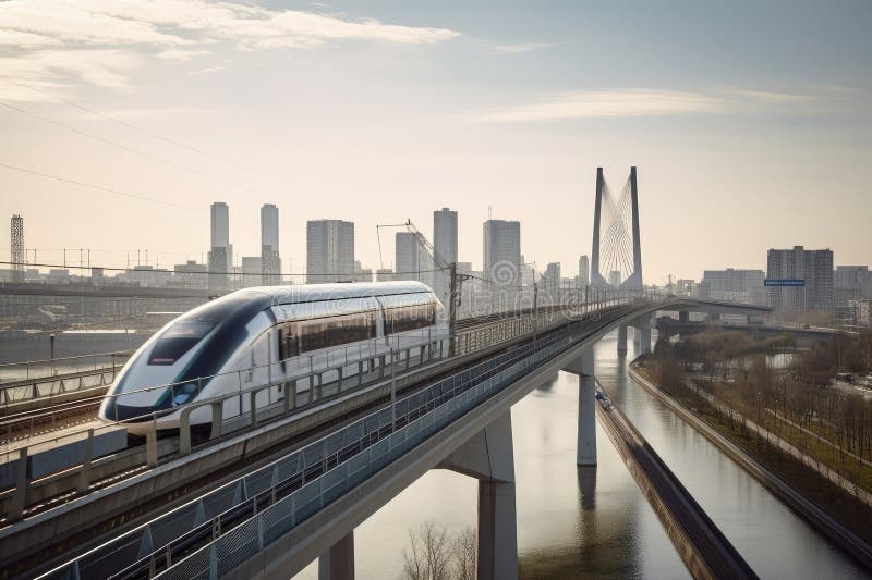 High-speed Train Running Across Bridge, with View of the City in the ...