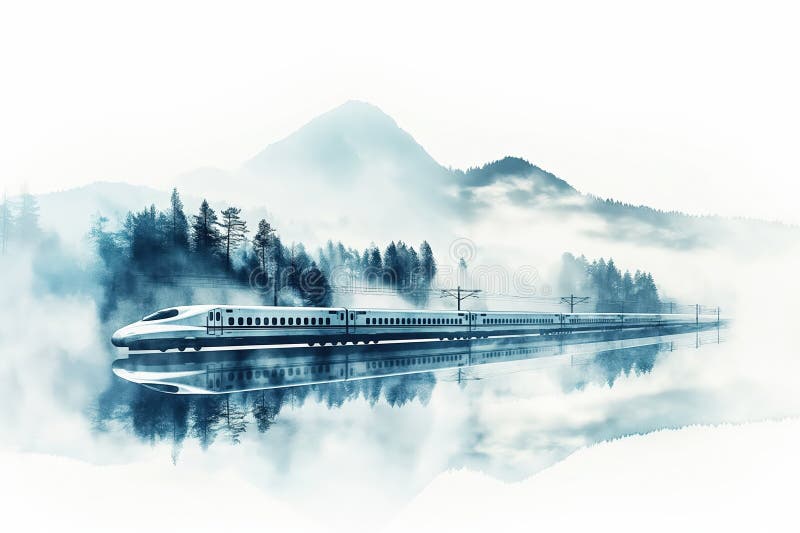 High Speed Train Running through the Mountains with Reflection in the ...