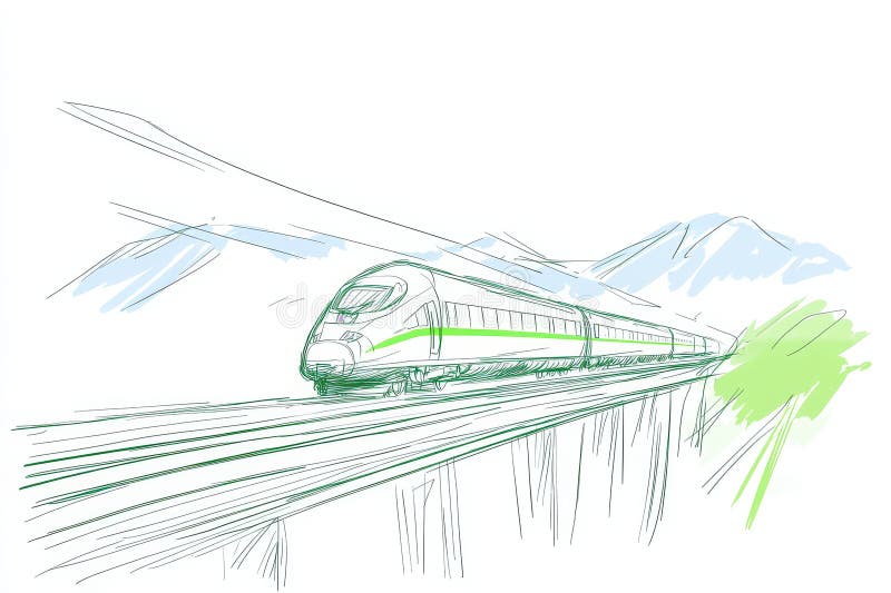 High Speed Train Sketch Illustration with Mountain Landscape Stock ...