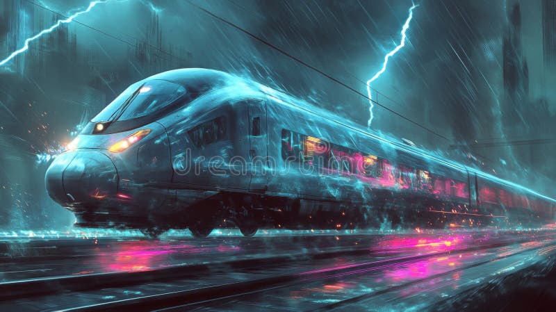 A High-speed Train Speeding through a Stormy Night, Illuminated by ...