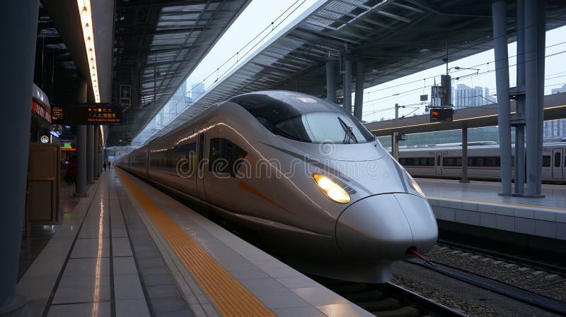 High-speed Train Stands at the Station at Night. Modern Speed Train ...