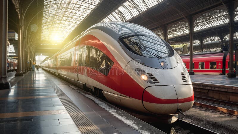 High-speed Train Stands at the Station at Night. Modern Speed Train ...