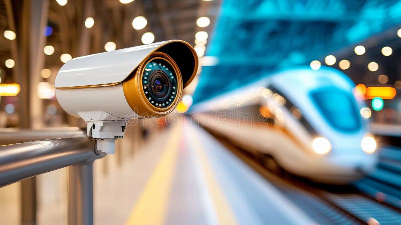 High-speed Train Station with Surveillance Camera in Focus Stock ...