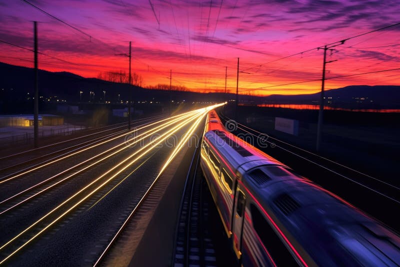 High-speed Train with Streaking Lights during Twilight Hours Stock ...