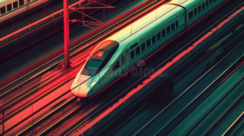 High-speed Train on Tracks with Red Lighting, Viewed from Above Stock ...