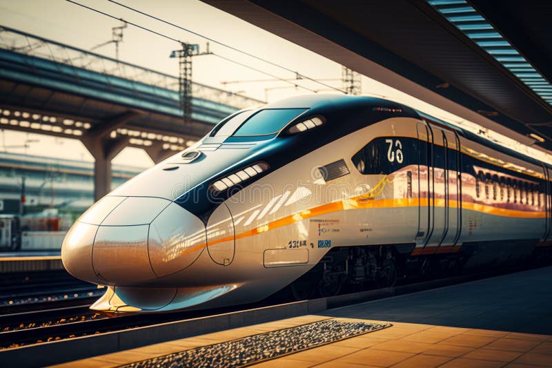 High Speed Train on the Tracks at Train Station with Bridge in the ...