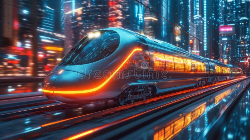 High-Speed Train Traveling through a City at Night Stock Illustration ...