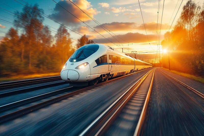 A High Speed Train Traveling Down the Tracks at Sunset Stock Photo ...