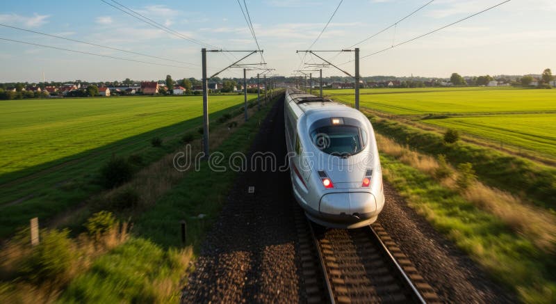 High Speed Train Traveling through Lush Green Fields Stock Illustration ...