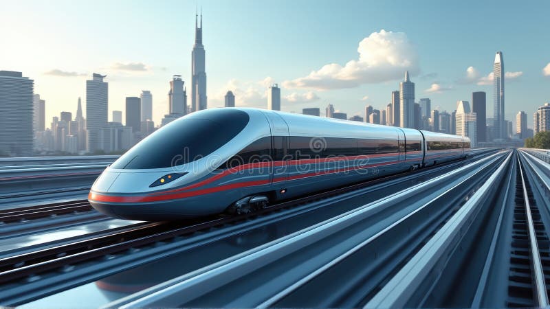 High-Speed Train Traveling through Modern Cityscape Stock Illustration ...