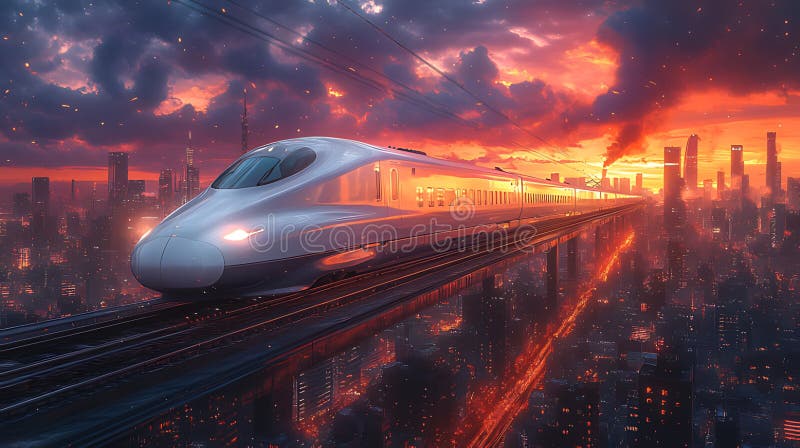 High-speed Train Traveling Over City at Sunset Stock Illustration ...
