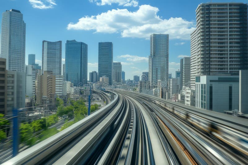 High-speed Train Travels through the City, View from the Driver S Cab ...