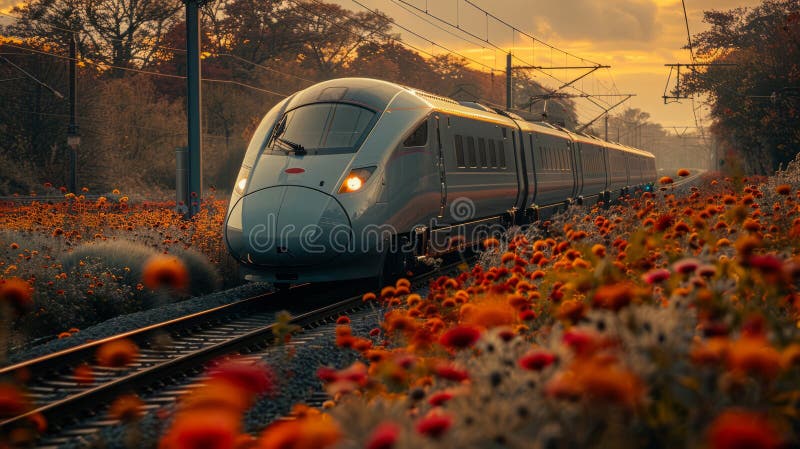 High Speed Train Travels through Field of Orange Flowers Stock Image ...