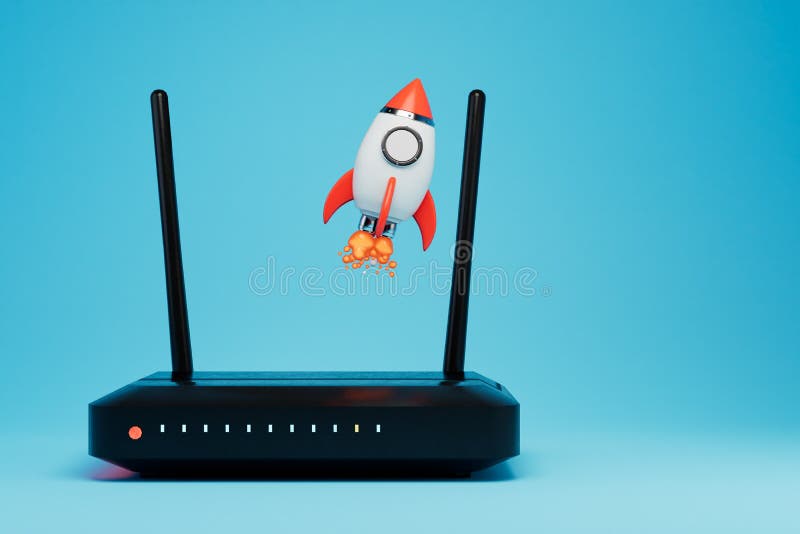 High-speed Wi-Fi Connection. a Wi-Fi Router and a Rocket Soaring Above ...