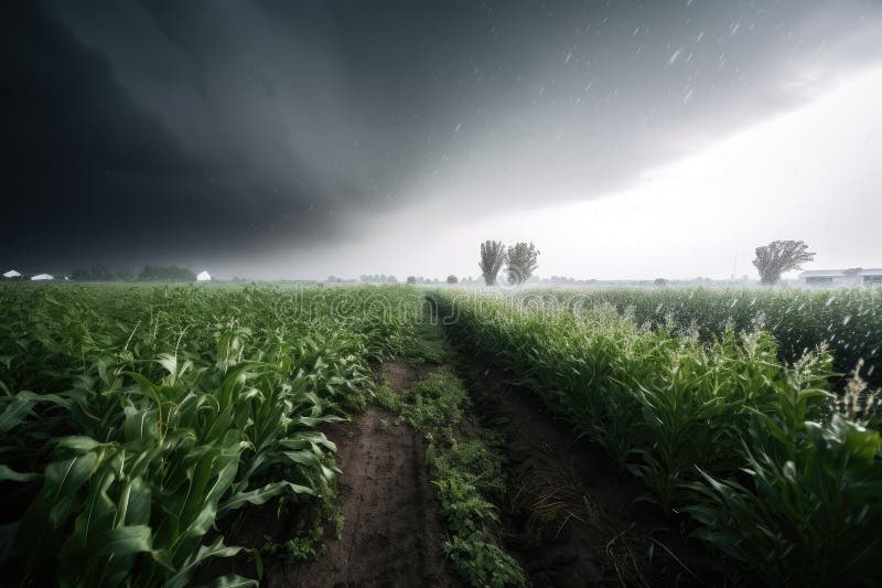High-speed Wind and Hail Storm Rushes through Field of Crops Stock ...
