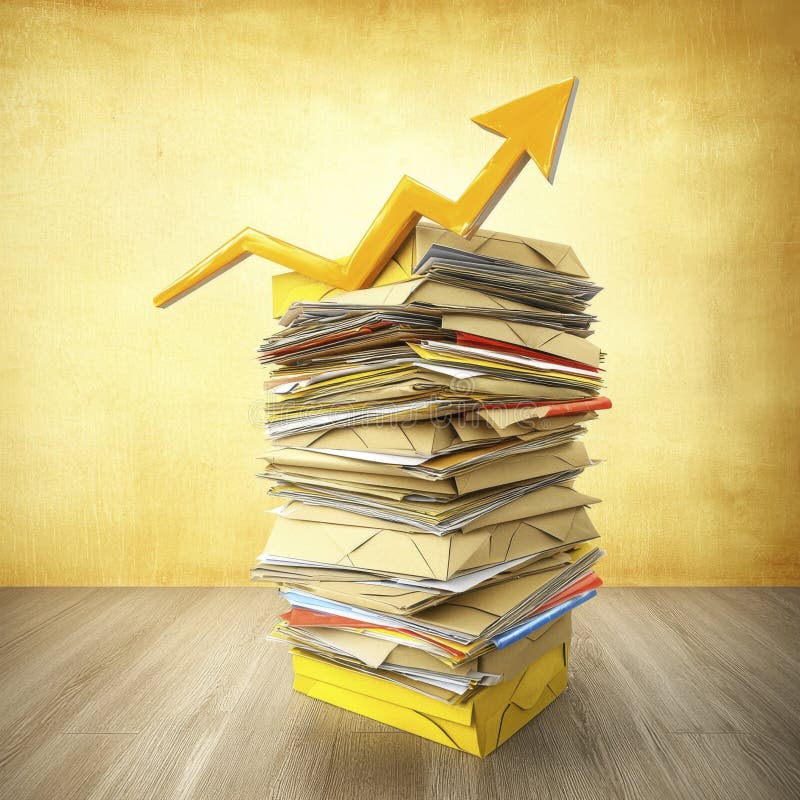 High Stack of Paper and Cardboard with Upward Orange Arrow Stock ...