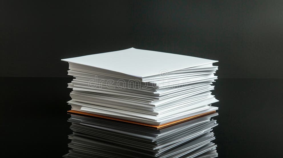 A High Stack of Blank White Papers Sits on a Dark Reflective Surface ...