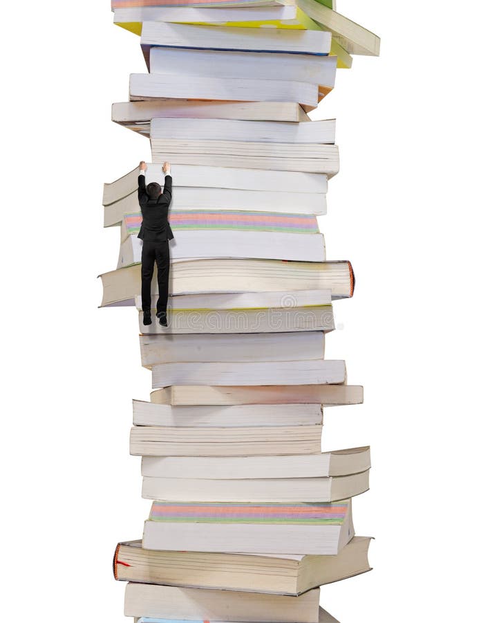 High Stack of Books with Climbing Businessman Hang on it Stock ...
