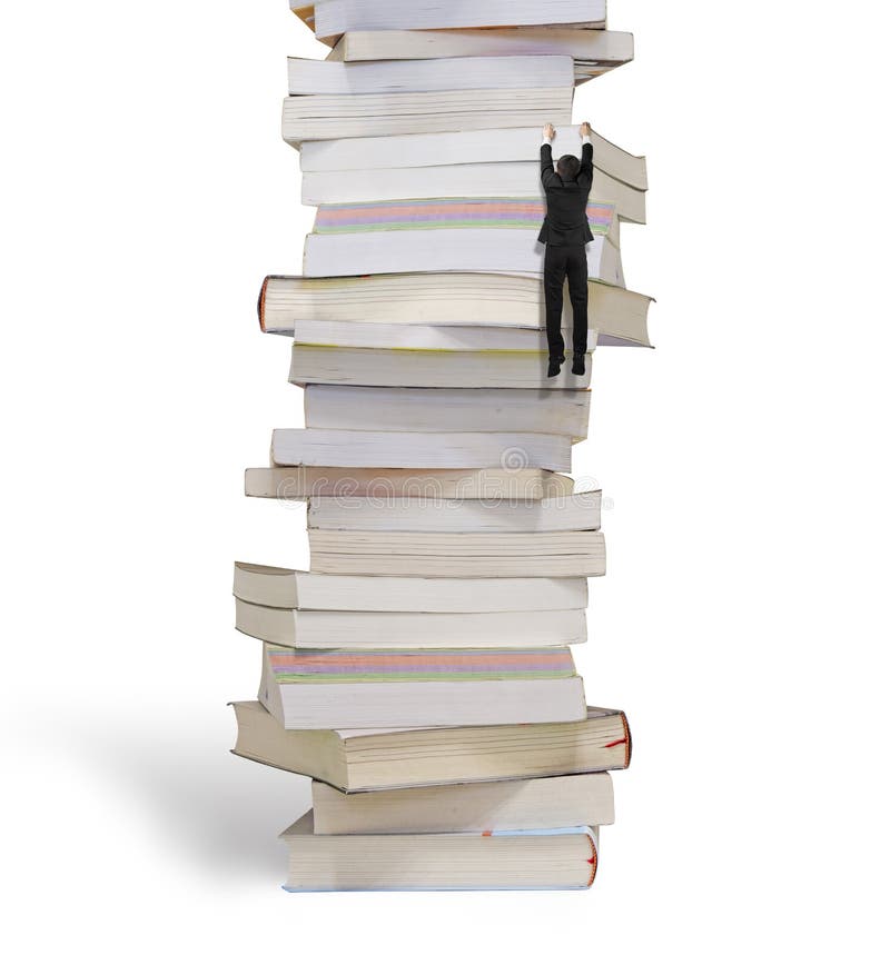 High Stack of Books with Businessman Climbing it Stock Image - Image of ...