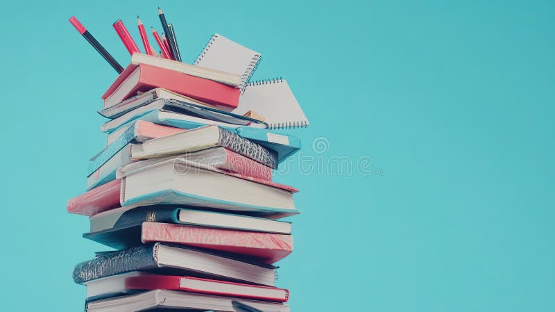 High Stack of Books, Notebooks, and Stationery Against a Blue ...