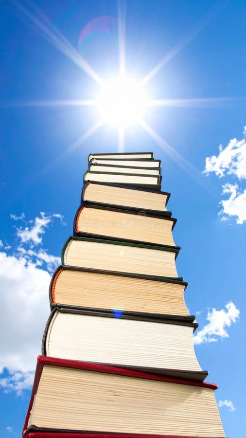 High Stack of Books Reaching for Bright Sun Stock Illustration ...