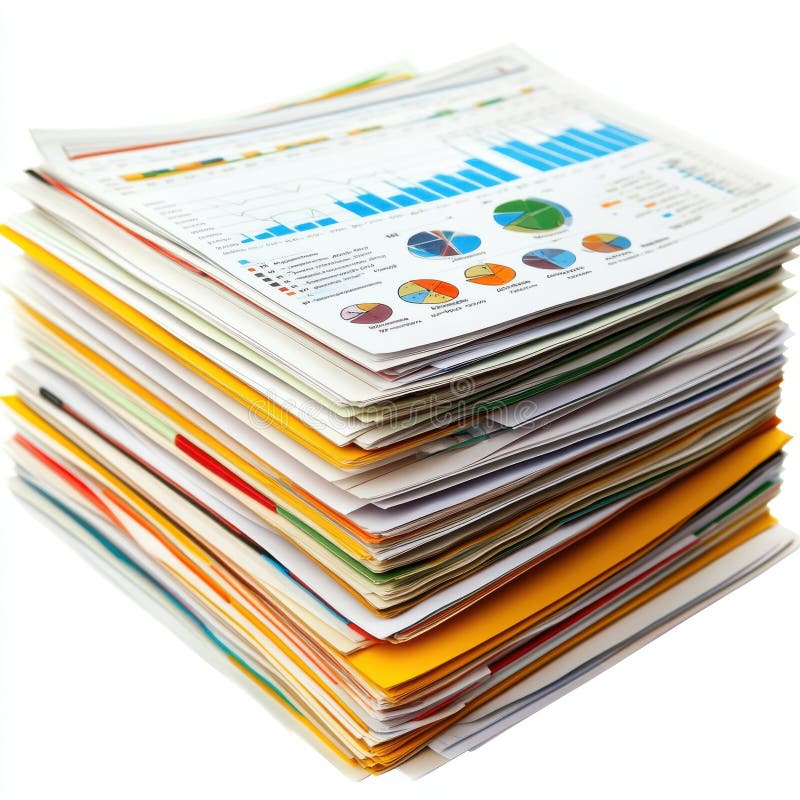 High Stack of Colorful Papers and Documents with Charts and Graphs ...