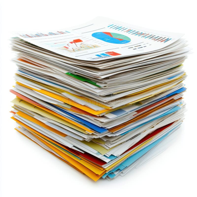 High Stack of Colorful Papers and Documents with Charts on White ...
