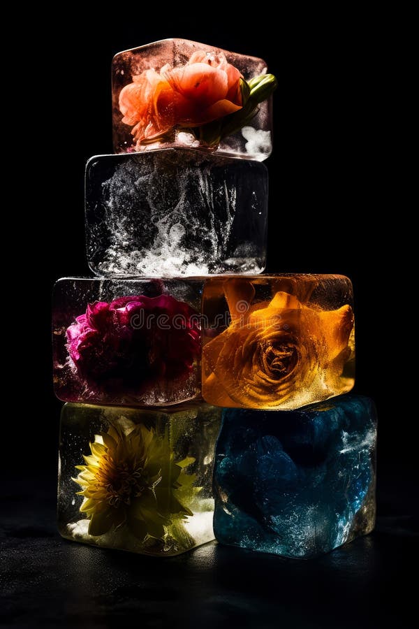 High Stack of Different Ice Cubes with Flowers Inside on a Black ...