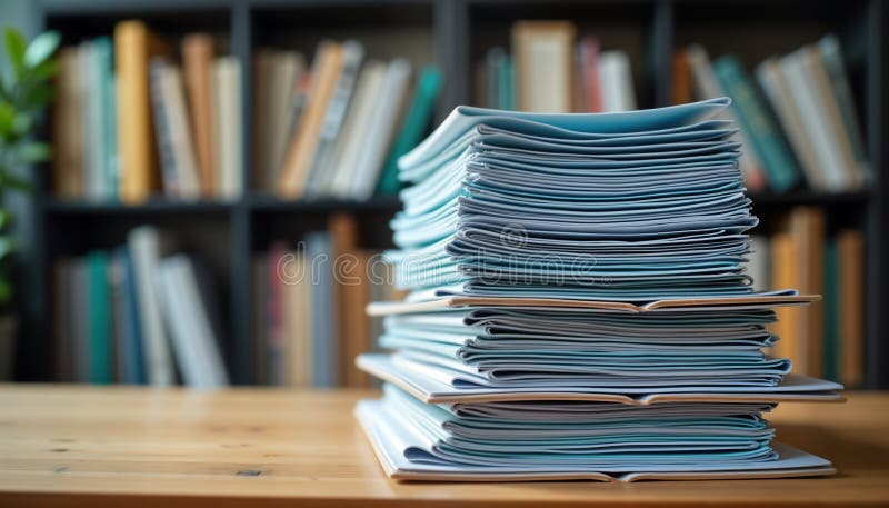 High Stack of Documents Sits on Wooden Surface. Organized Seminar ...