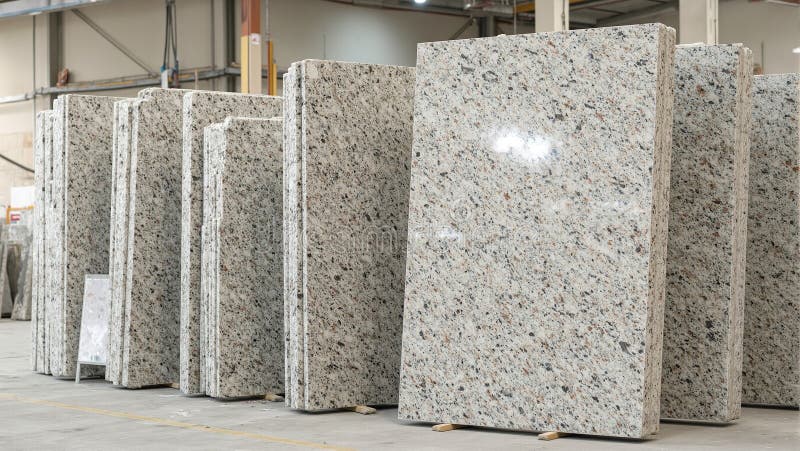 High Stack of Granite Slabs in Stone Processing Facility with Soft Natural Light and Concrete ...