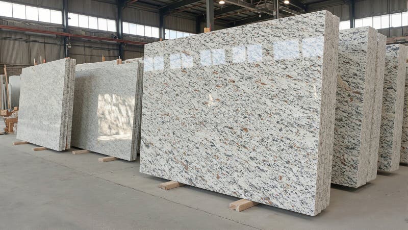 High Stack of Granite Slabs in Stone Processing Facility with Soft ...