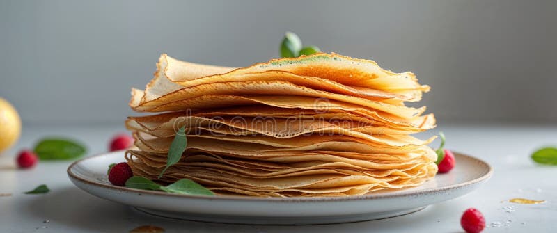 High Stack of Homemade Thin Crepes with Crispy Edges on Plate. Stock ...