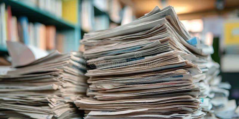 High Stack of Newspapers in Office Setting. Newspapers are Piled on Desk. Blurred Background ...