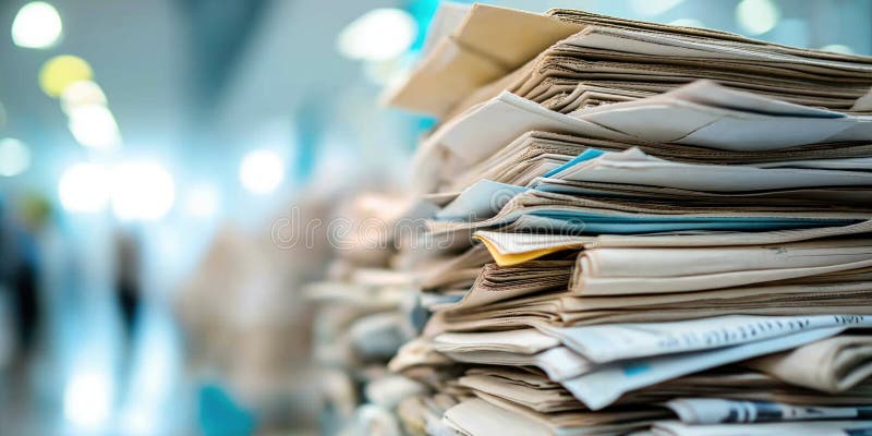 High Stack of Newspapers. Papers Stacked in Pile. Blurred Background ...